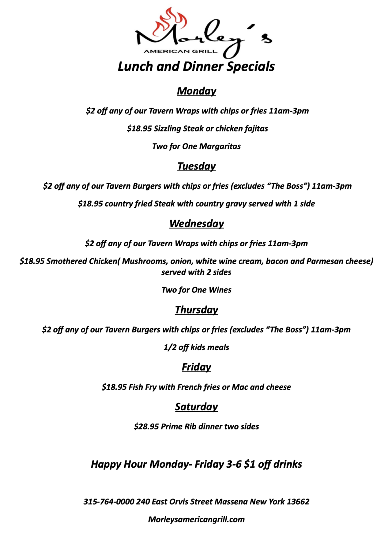 Morleys American Grill and Tavern Menu and Daily Specials | Massena NY